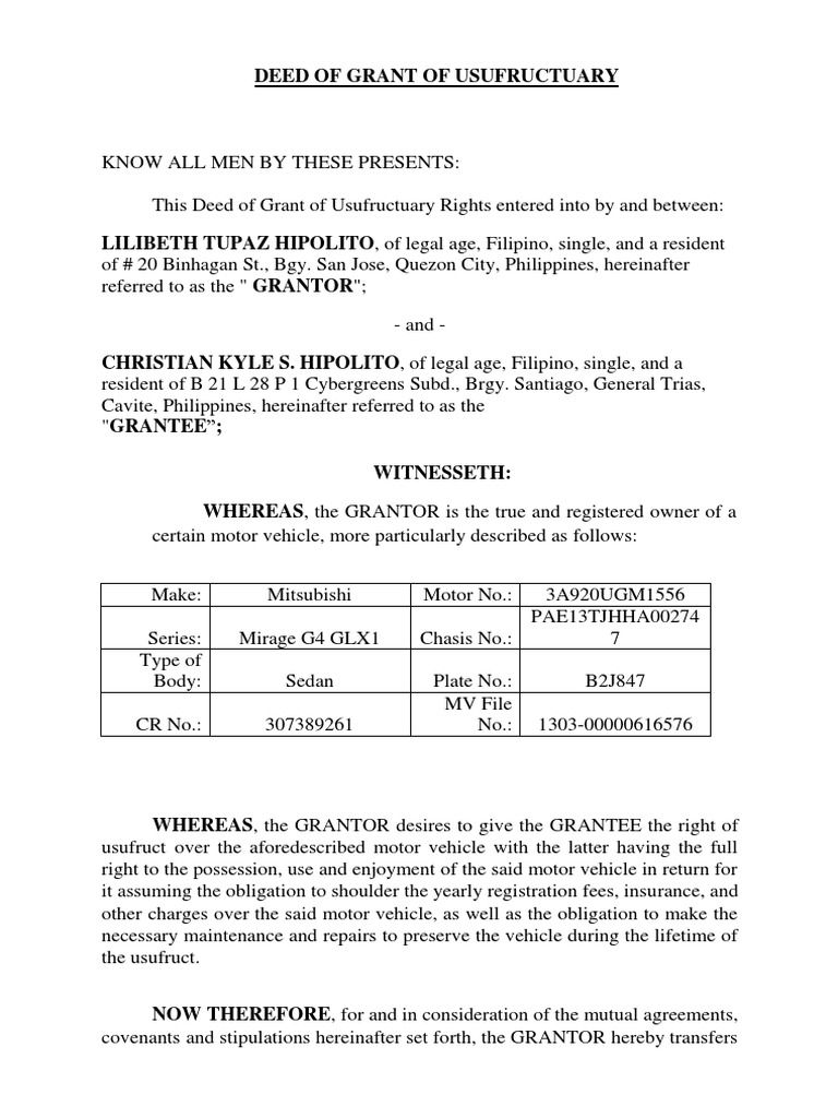 Deed of Usufruct | PDF | Covenant (Law) | Deed