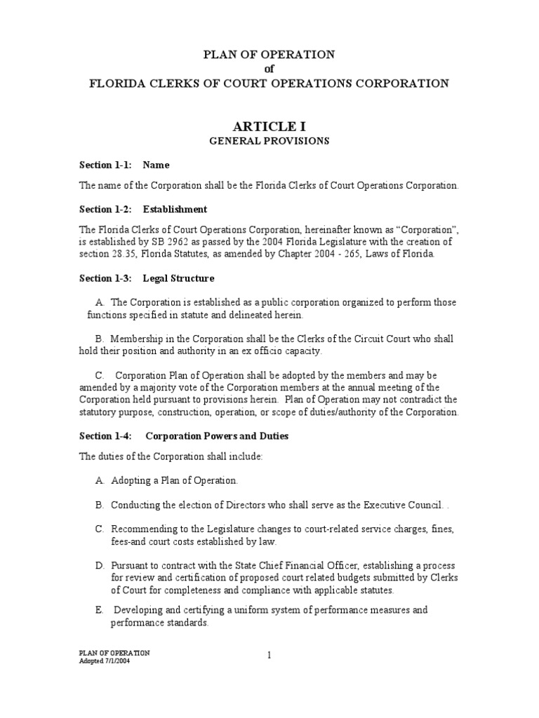 FL CCOC - Adopted Plan of Operation 070104 | PDF | Financial Statement ...