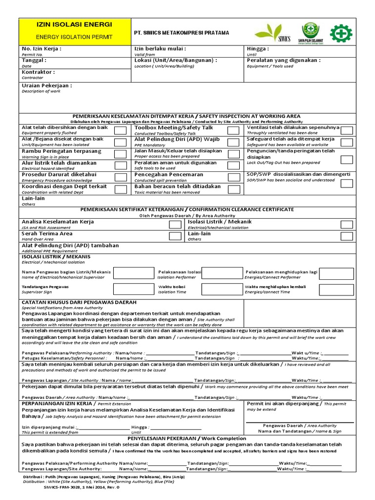 FRM-3028 (Energy Isolation Permit) Oke | PDF | Prevention | Safety