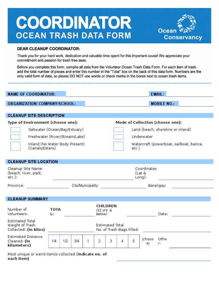 Coordinator Ocean Trash Data Form - 2019 | PDF | Cigar | Plastic