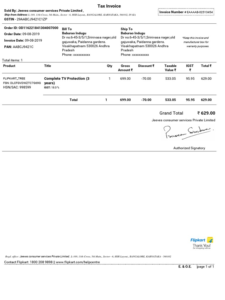 Complete TV Protection (3 Years) : Grand Total 629.00 | PDF | Invoice ...