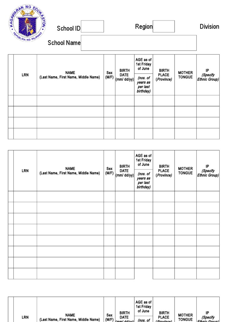 School ID Region Division School Name School Year: School Form 1 (SF 1 ...