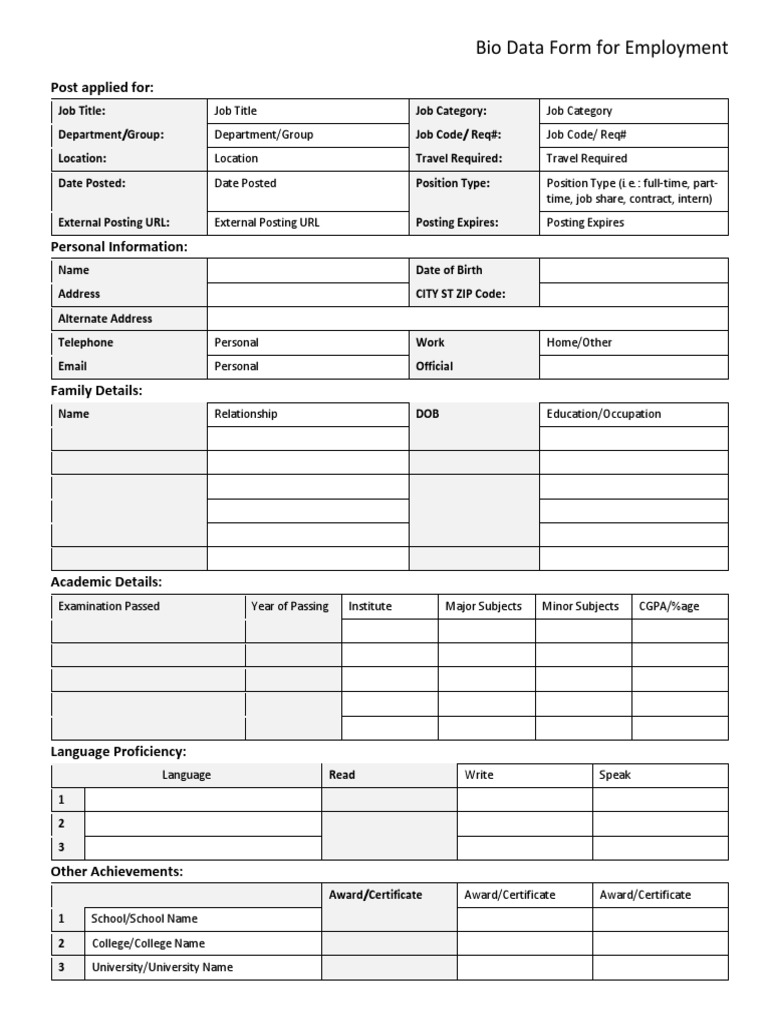 Bio Data Form Employment | PDF | Employment | Test (Assessment)