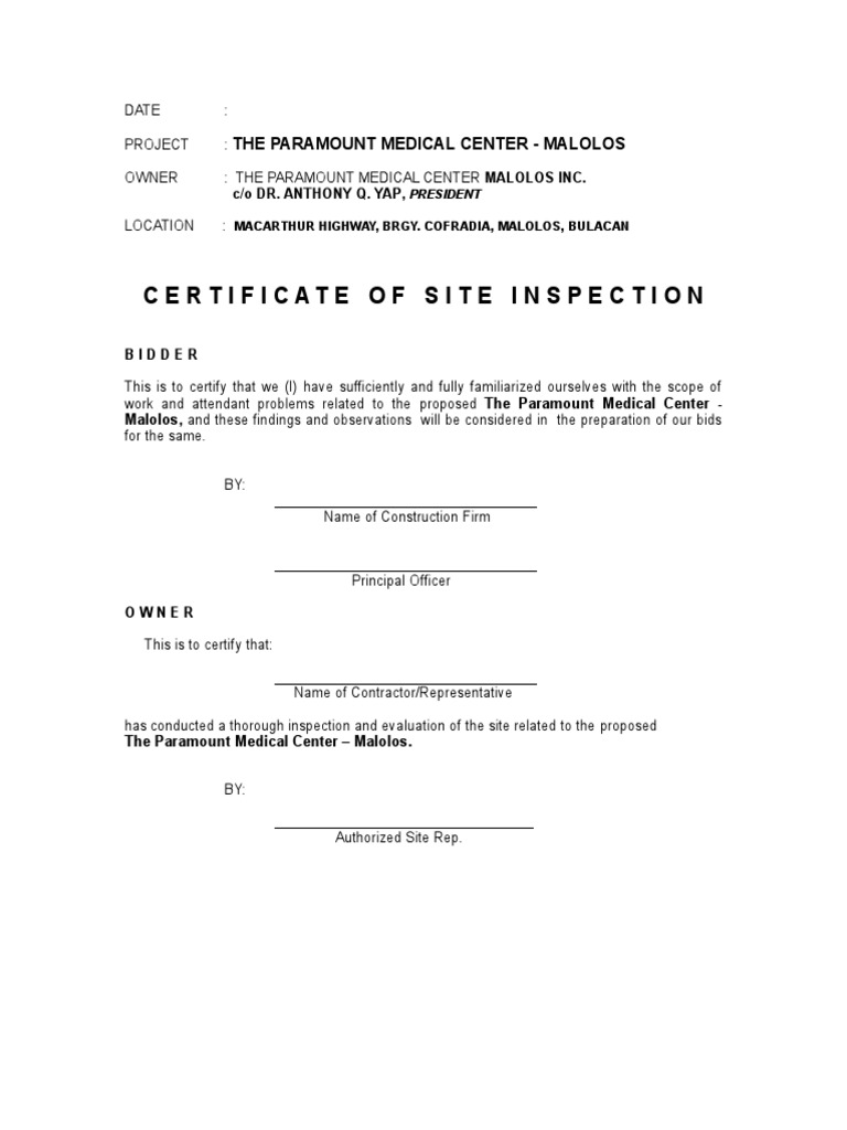 Certificate of Site Inspection | PDF