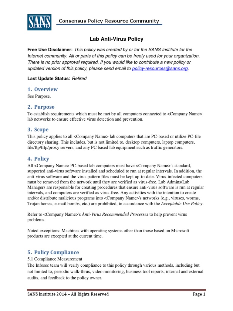 Lab Anti Virus Policy | PDF | Antivirus Software | Computer Virus