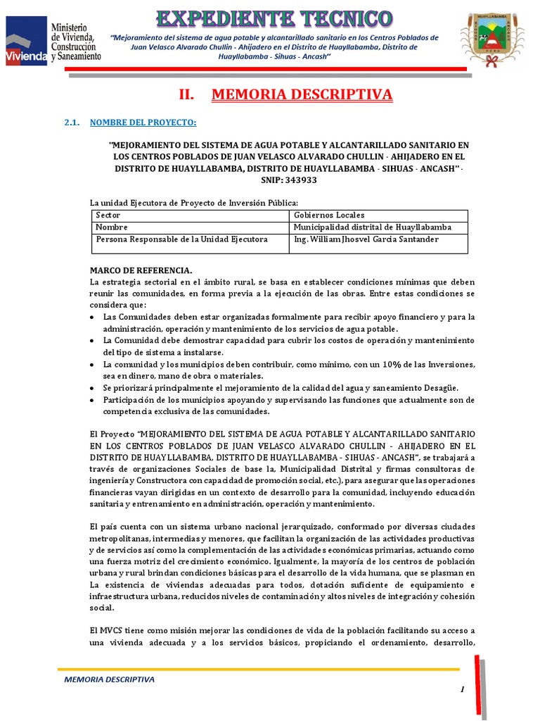 Memoria Descriptiva Chullin - Ahijadero Dic | PDF | Saneamiento | Alcantarillado