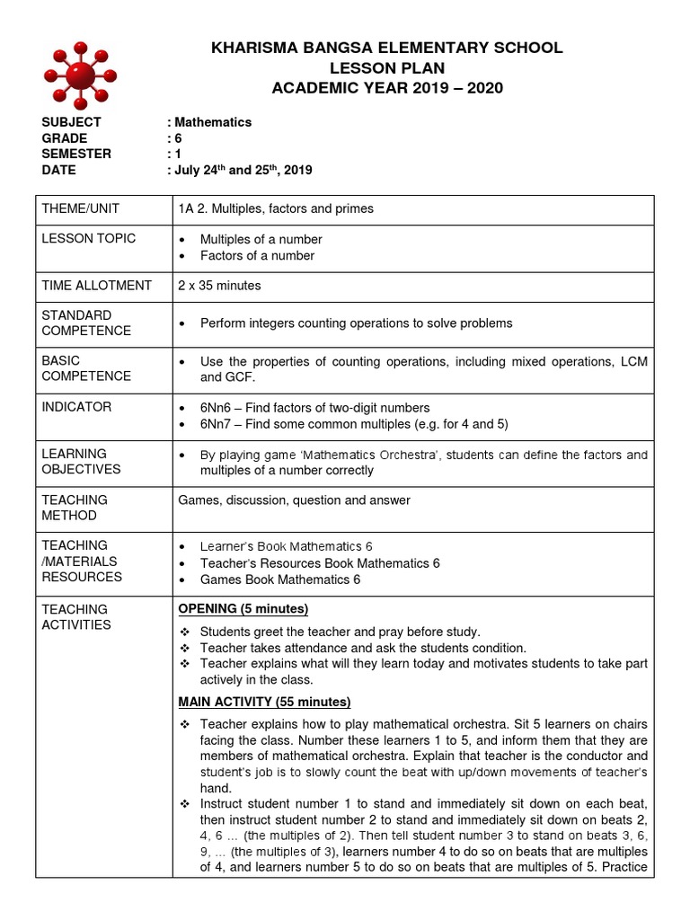 Grade 6 Math Lesson Plan: Factors & Multiples | PDF | Teachers | Numbers