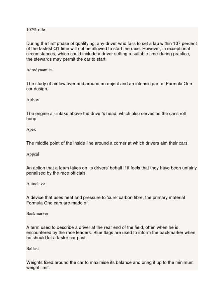 F1 Glossary | PDF | Formula One | Tire