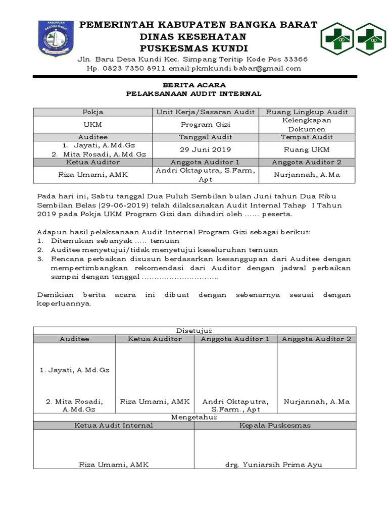 Berita Acara Audit Internal Puskesmas | PDF | Pengelolaan Keuangan & Uang