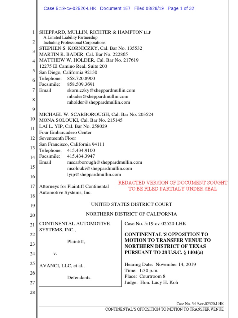 19-08-28 Continental Opposition To Avanci's Motion To Transfer Venue ...