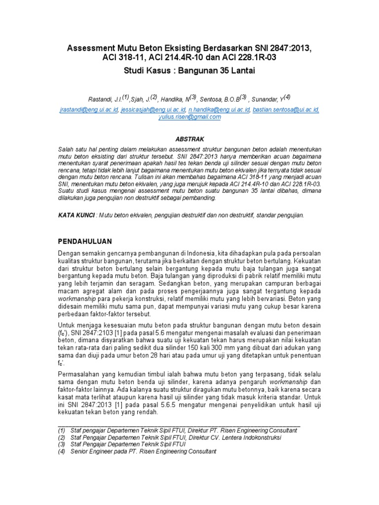 Assessment Mutu Beton Eksisting Berdasarkan SNI 2847:2013, ACI 318-11, ACI 214.4R-10 Dan ACI 228 ...