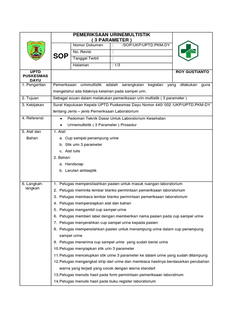Sop Pemeriksaan Urine 3 Parameter | PDF