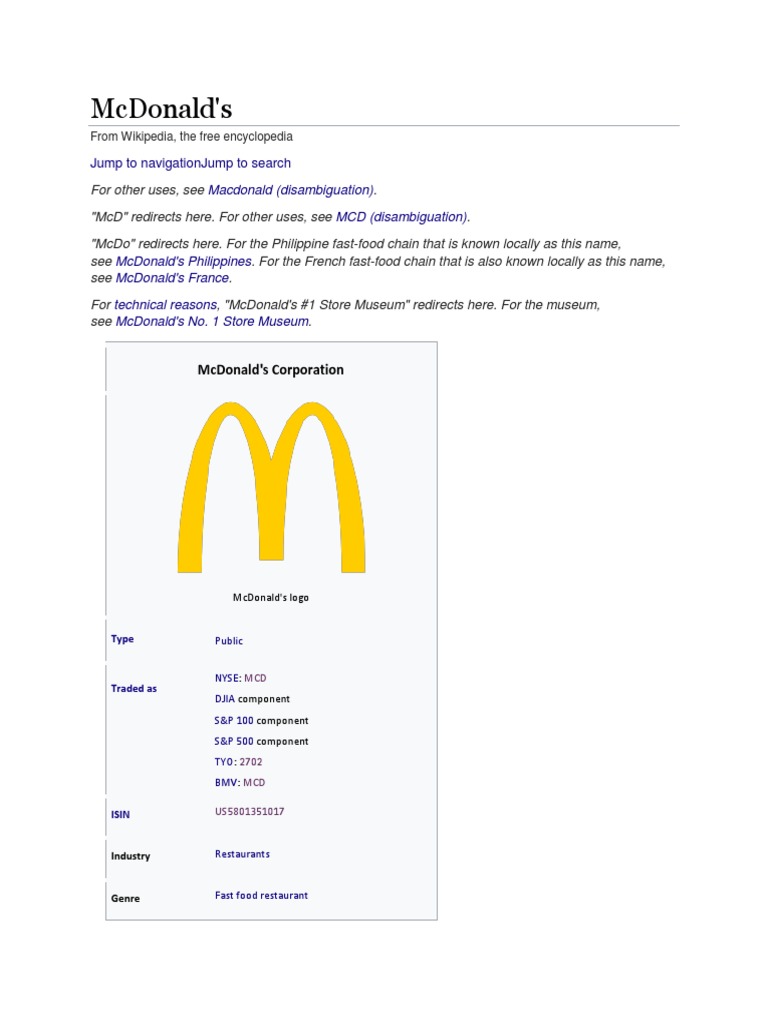 Mcdonald'S: Macdonald (Disambiguation) MCD (Disambiguation) | PDF | Mc ...