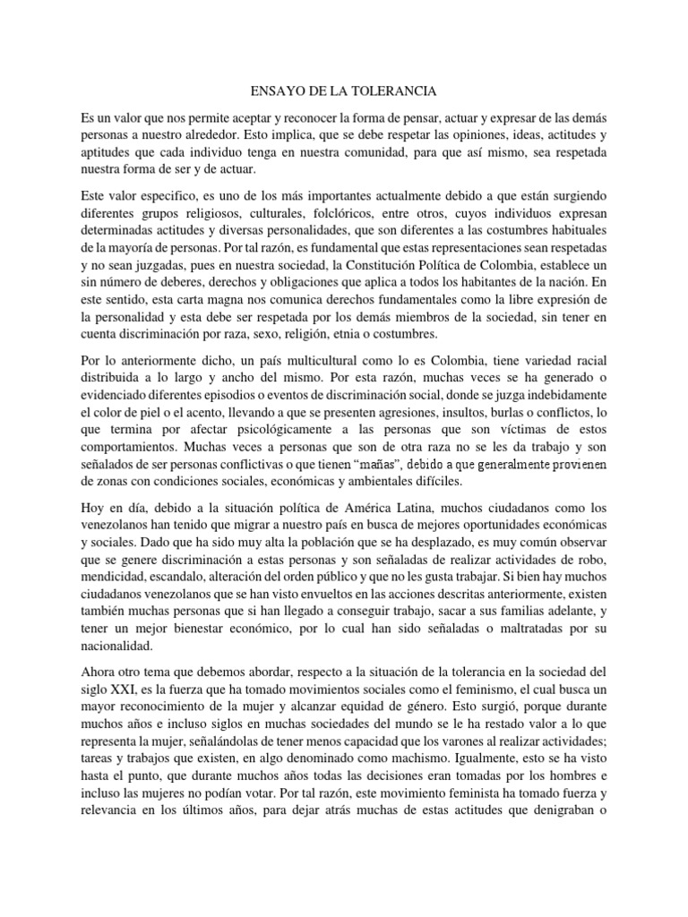 Ensayo de La Tolerancia | PDF | Tolerancia | Mujer