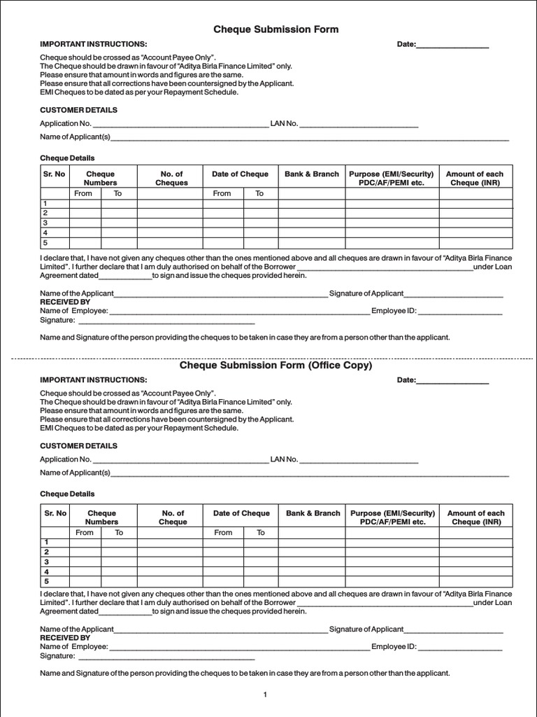 Cheque Submission Form | PDF | Cheque | Loans