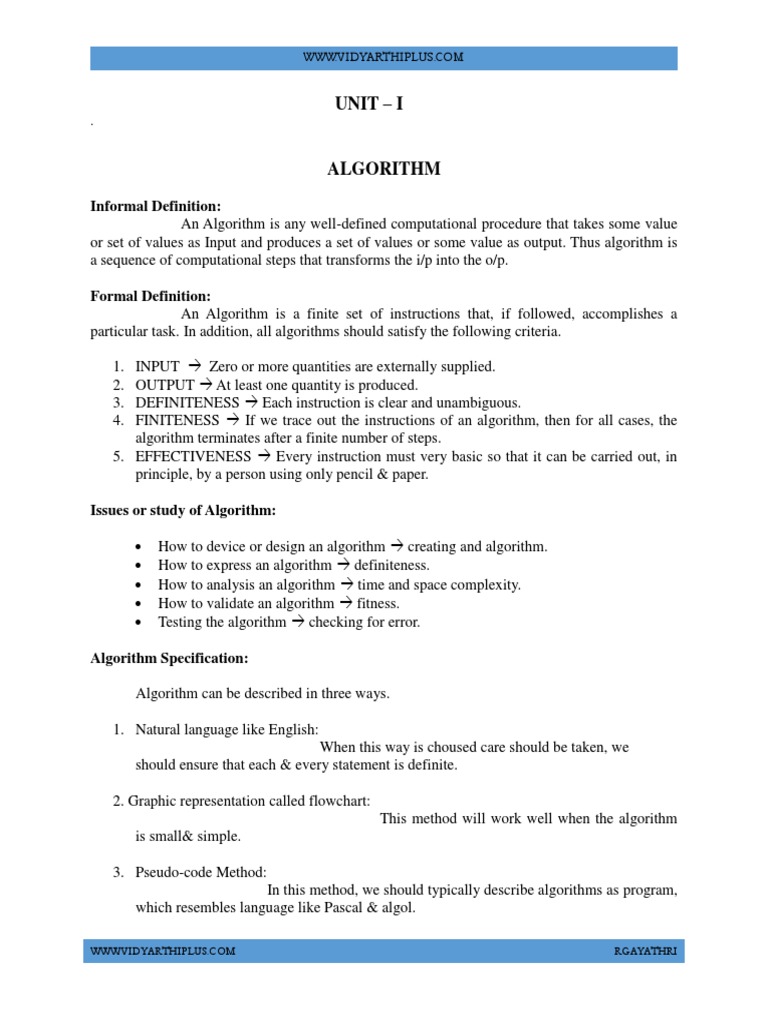 Unit - I: Informal Definition | PDF | Time Complexity | Algorithms