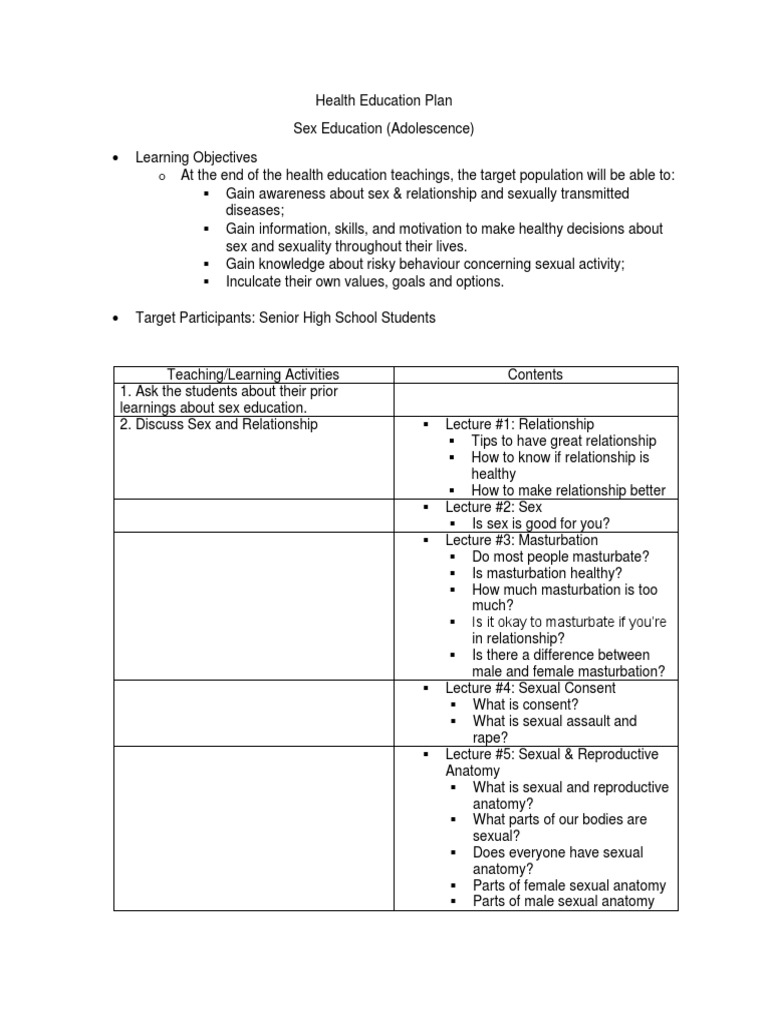 Health Education Plan | PDF | Human Sexual Activity | Sex Education