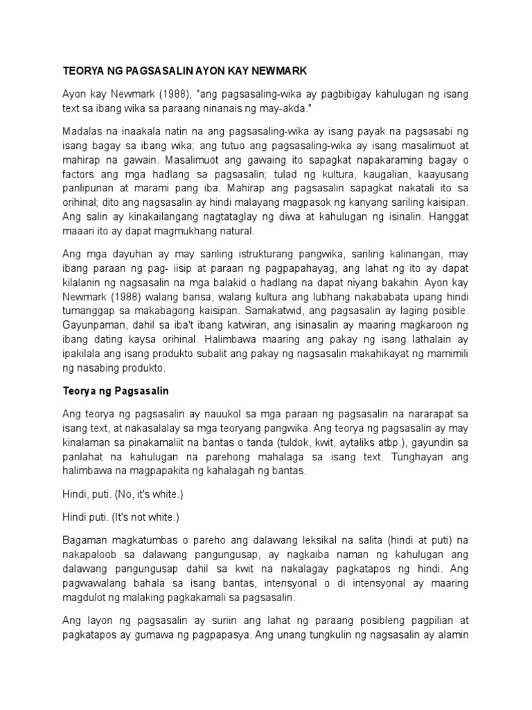 Teaorya NG Pagsasalin - Ayon Kay Newmark | PDF