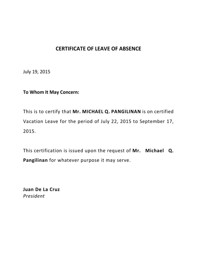 Certificate of Leave of Absence | PDF | Law
