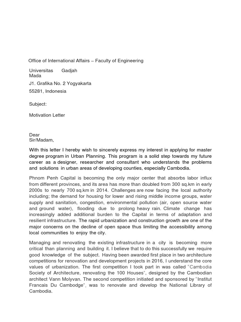 Oy Sideth UGM Motivation Letter | PDF | Cambodia | Urban Planning