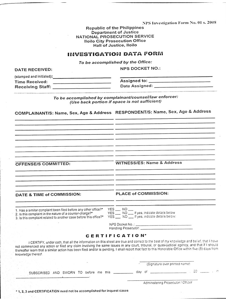 Investigation Data Form