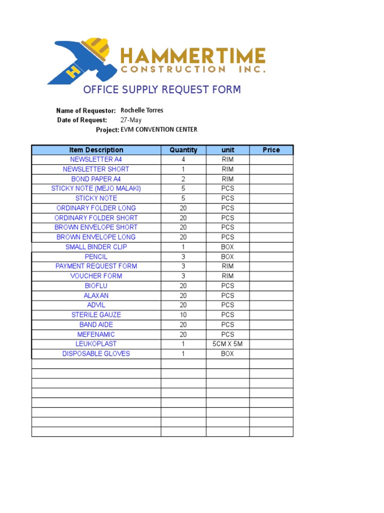 Office Supply Request Form: Item Description Quantity Unit Price | PDF