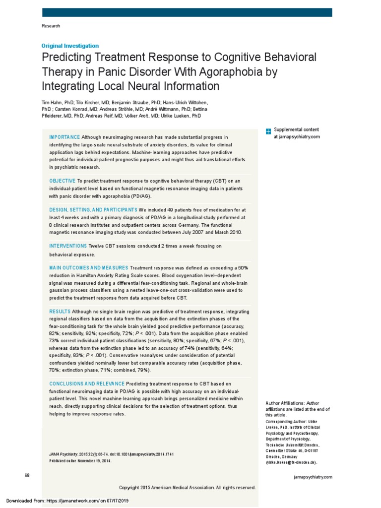 Predicting Treatment Response To Cognitive Behavioral Therapy in Panic ...