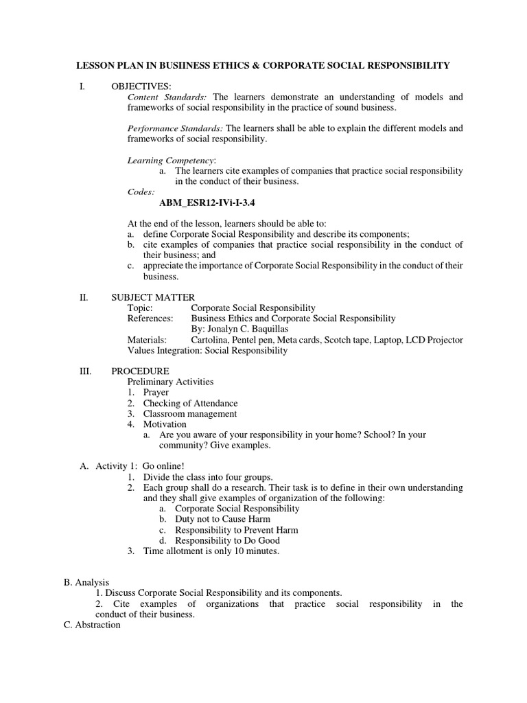 Lesson Plan in Busiiness Ethics & Corporate Social Responsibility | PDF ...