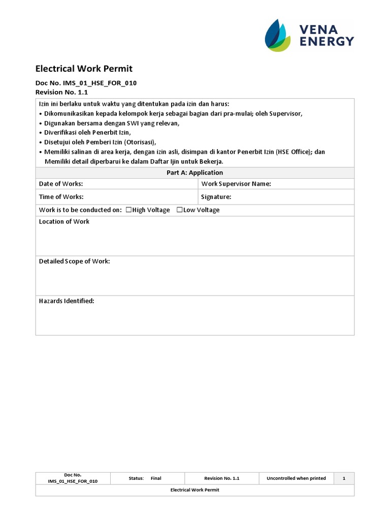 Electrical Work Permit Template | PDF | Prevention | Safety
