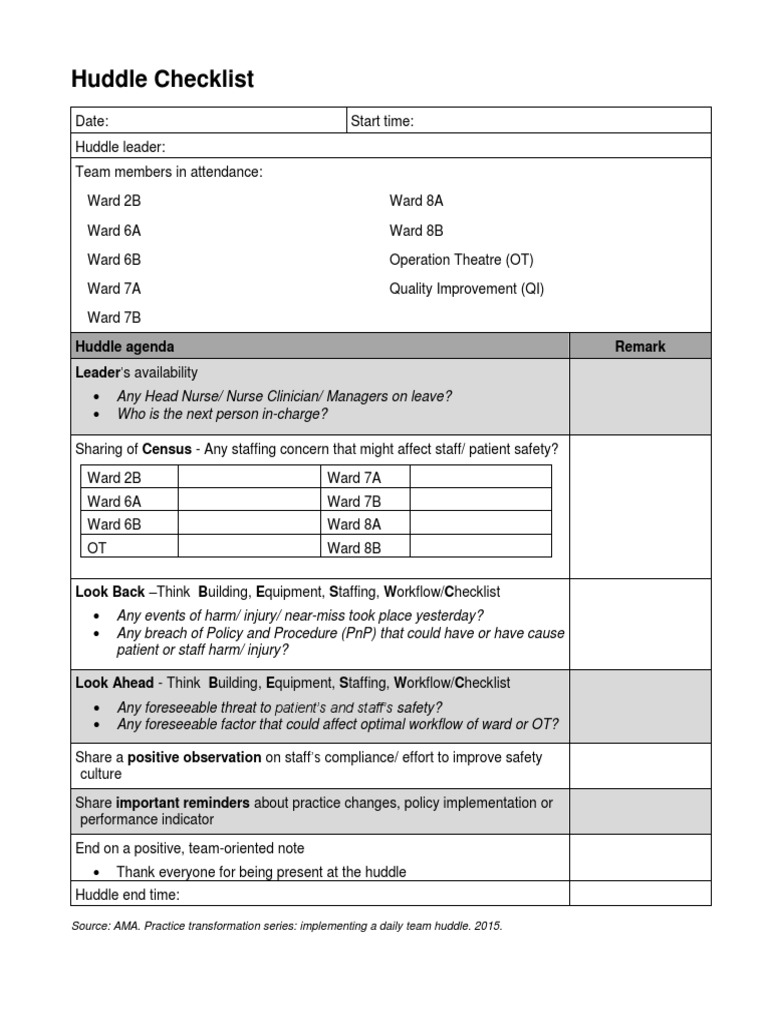 Daily Huddle Checklist Template | PDF