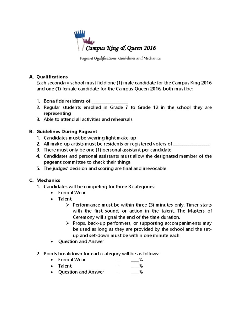 Campus King and Queen Guidelines | PDF | Educational Stages | Learning