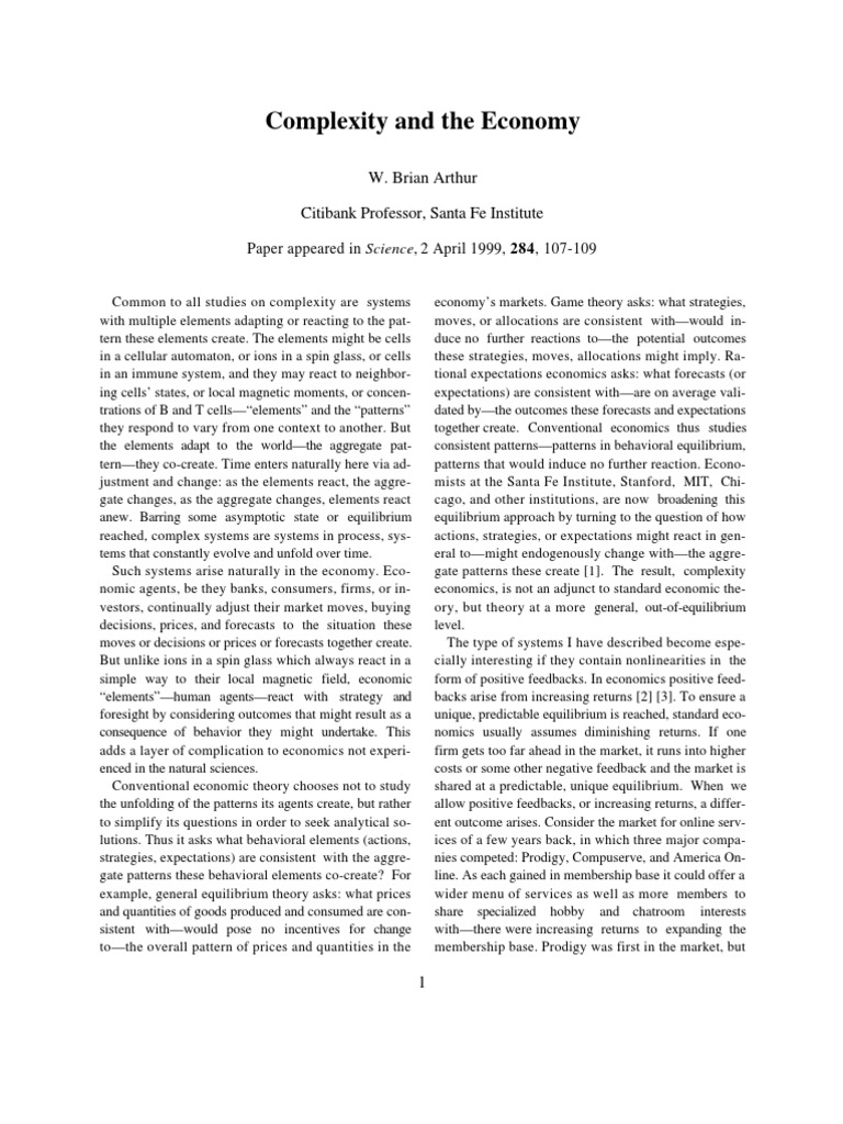 Complexity And The Economy Brian Arthur Pdf Economic Equilibrium
