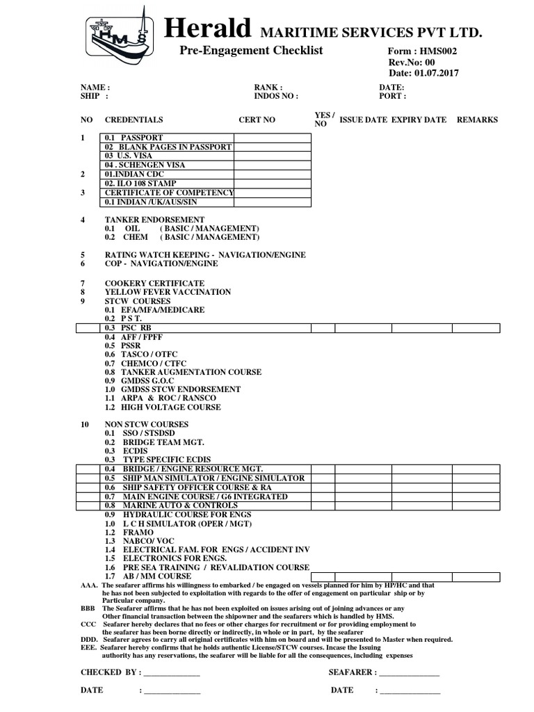 Pre Engagement Checklist | PDF | Ships | Shipping