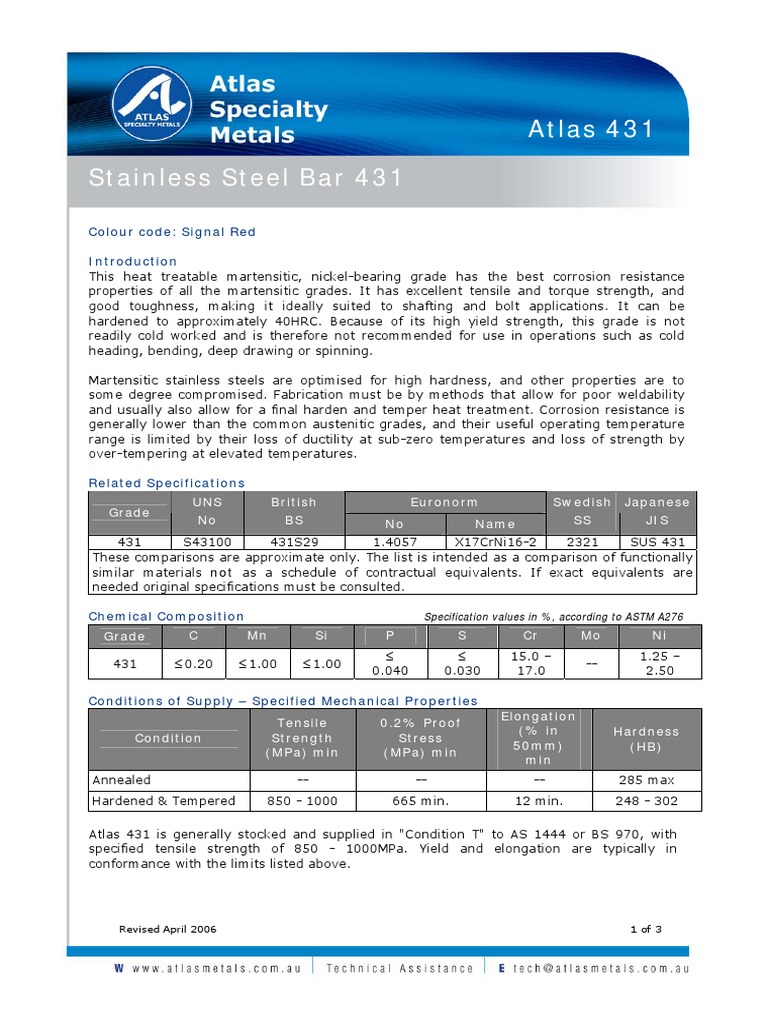 Stainless Steel Bar 431 Atlas 431: Colour Code: Signal Red | PDF | Heat ...