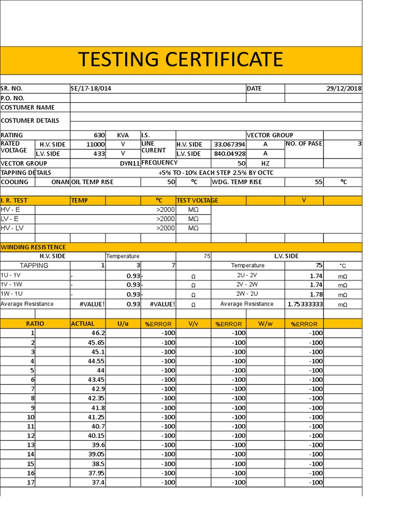 Testing Certificate: Hv - E >2000 MΩ Lv - E >2000 MΩ Hv - Lv >2000 MΩ ...