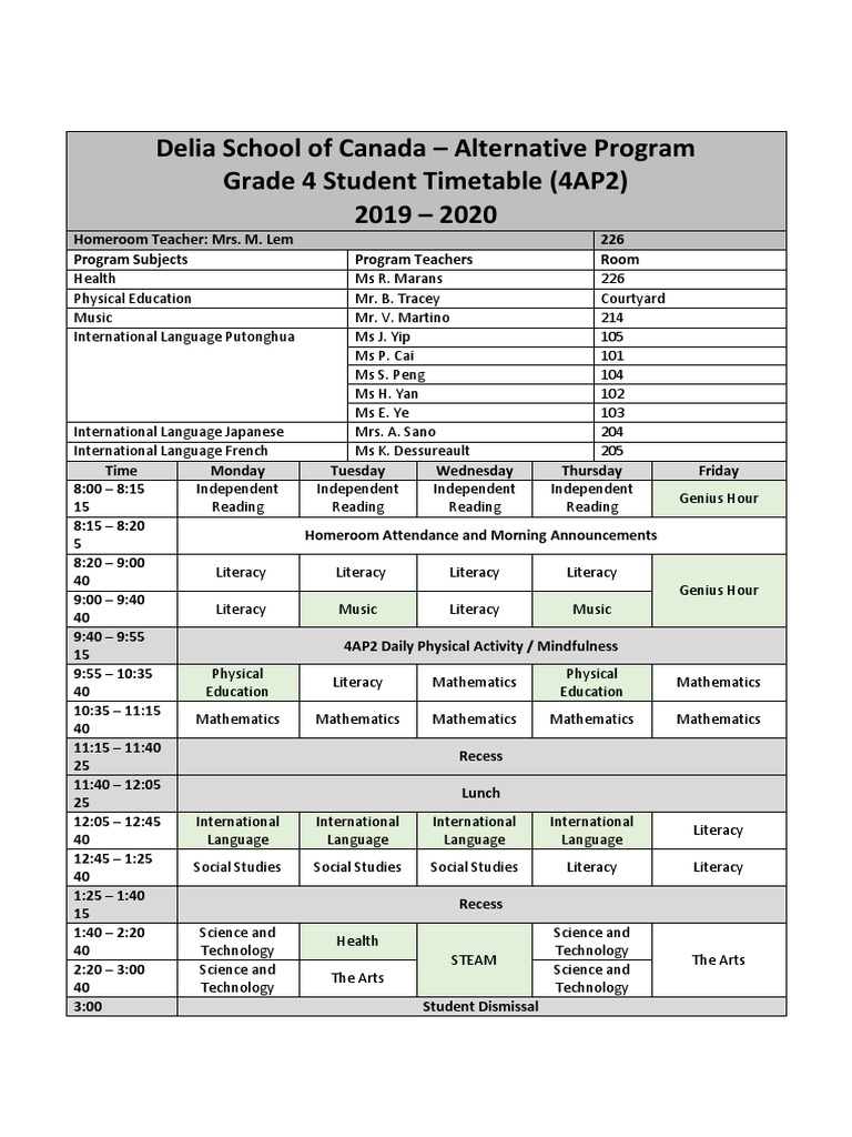 4ap2-Timetable - 2019-2020 | PDF | Cognition | Learning