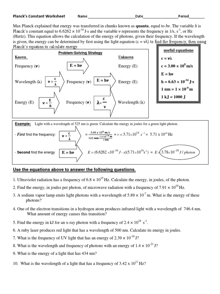 Plancks Constant Worksheet 2 PDF | PDF | Light | Frequency