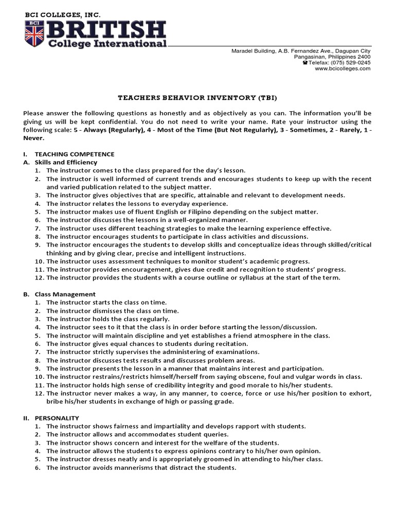 Teachers Behavior Inventory (Tbi) : Bci Colleges, Inc | PDF | Syllabus ...