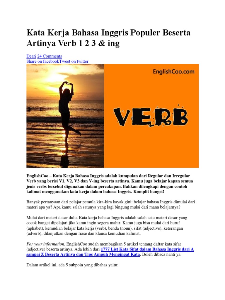 Kata Kerja Bahasa Inggris Populer Beserta Artinya Verb 1 2 3 PDF