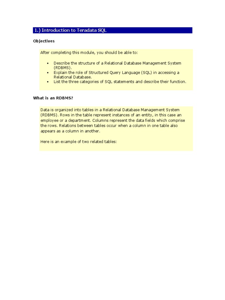 Intro To Teradata SQL | PDF | Relational Database | Databases Intro To Teradata SQL | PDF | Relational Database | Databases