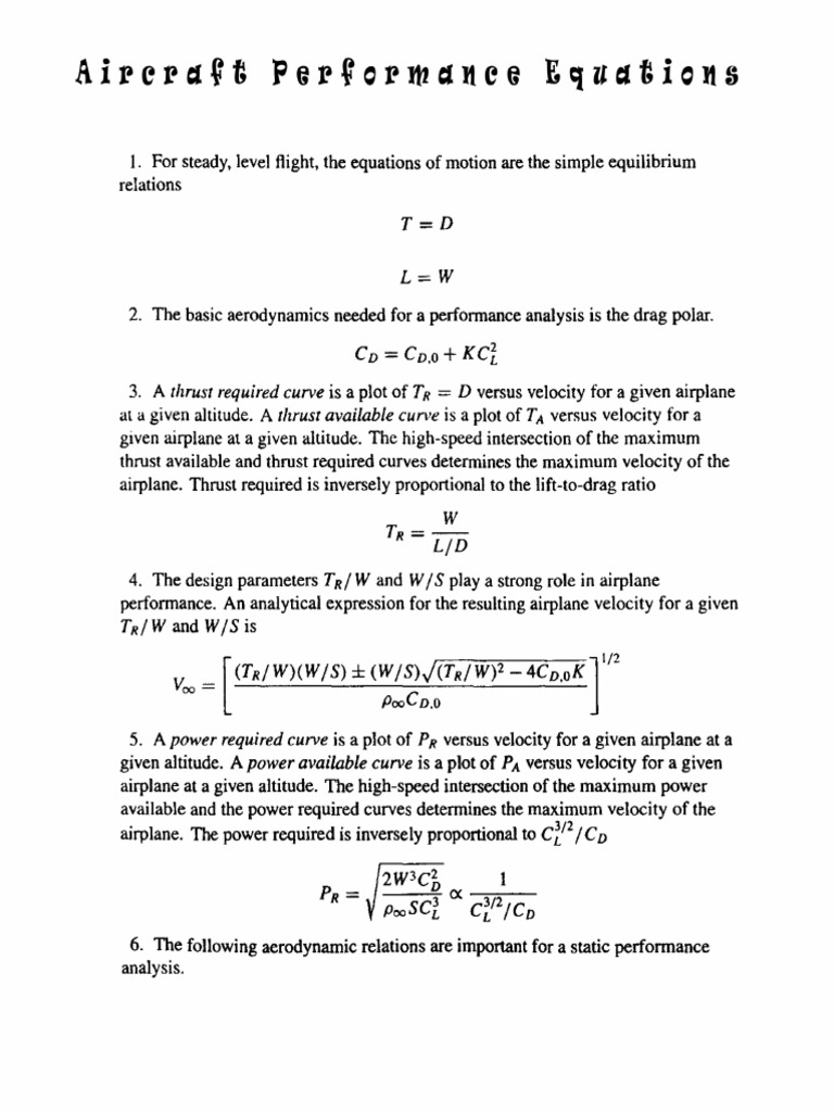 Aircraft Performance Summary of Equations PDF | PDF