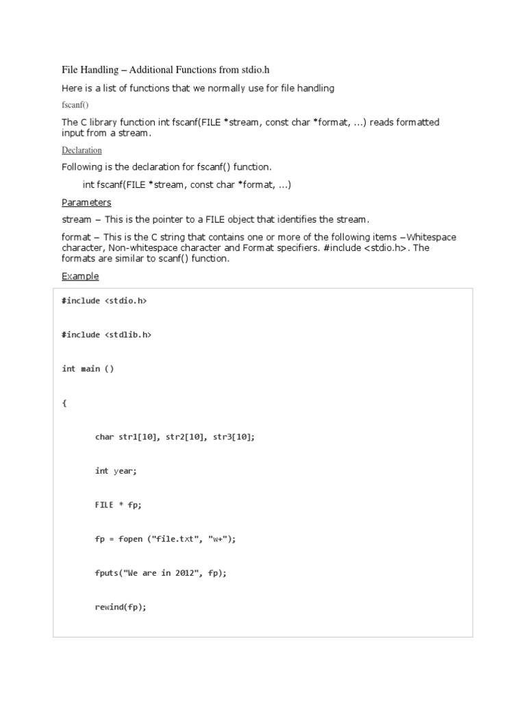 File Handling - Additional Functions From Stdio.h: Fscanf | PDF ...