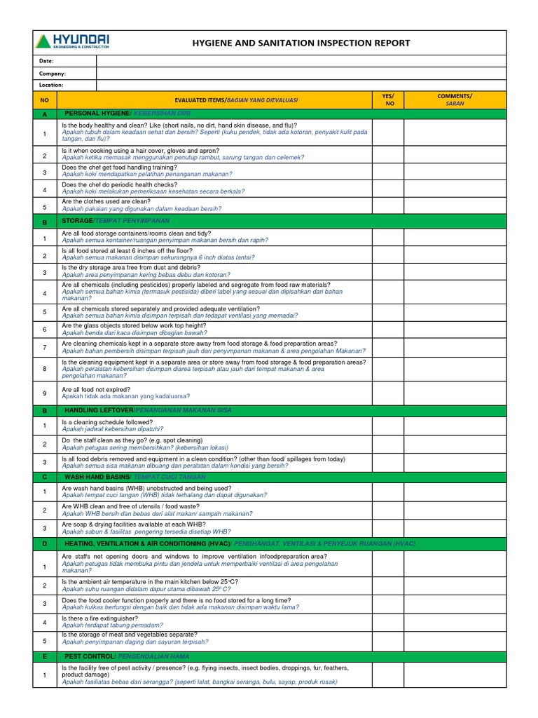Hygiene and Sanitation Inspection Report Form | PDF