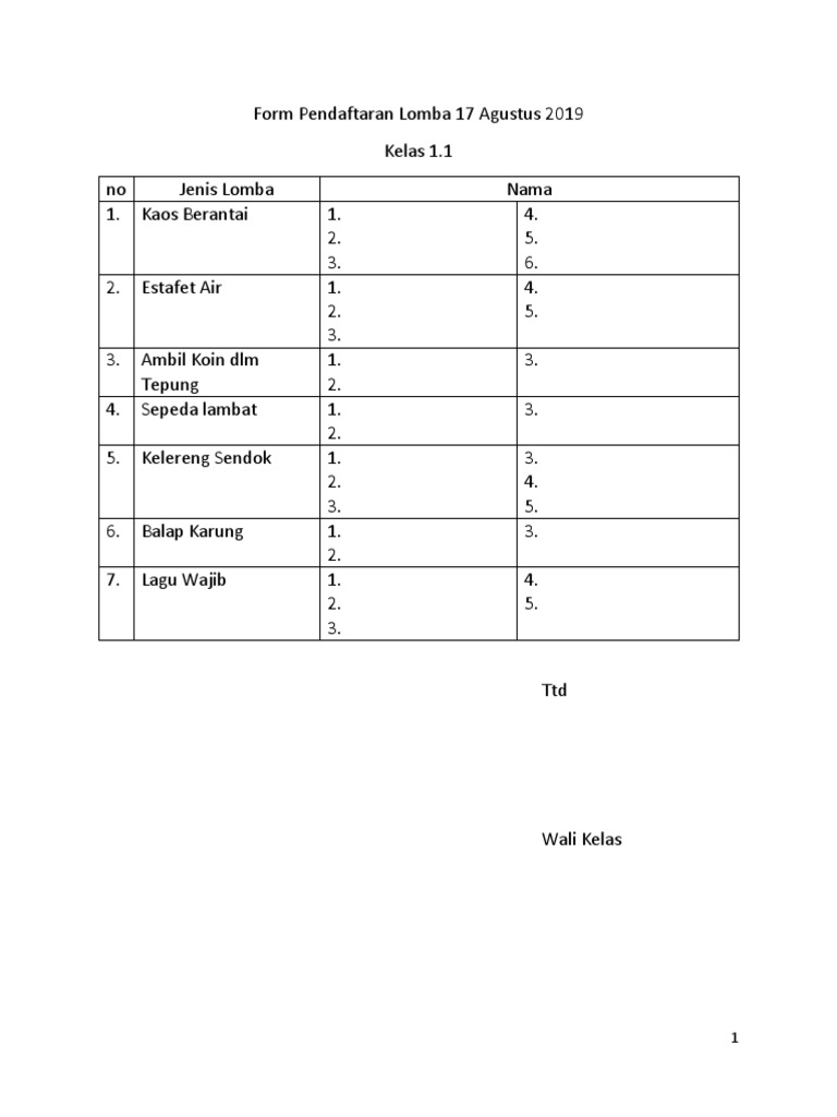 Form Pendaftaran Lomba 17 Agustus 2019 | PDF