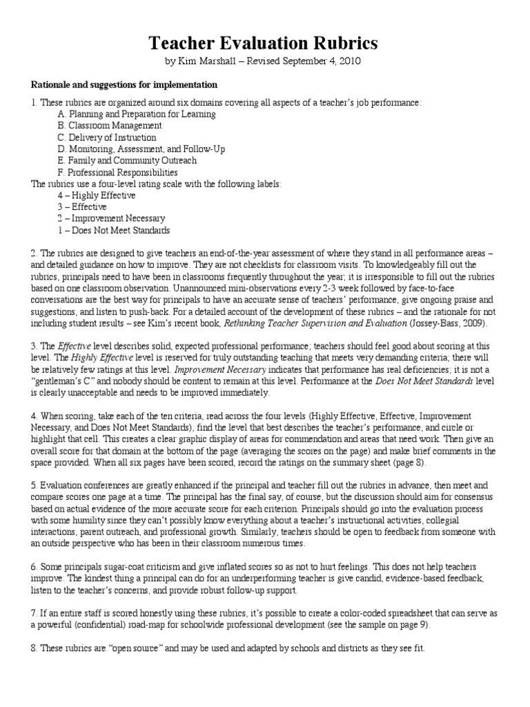 Teacher Evaluation Rubrics Overview | PDF | Rubric (Academic ...