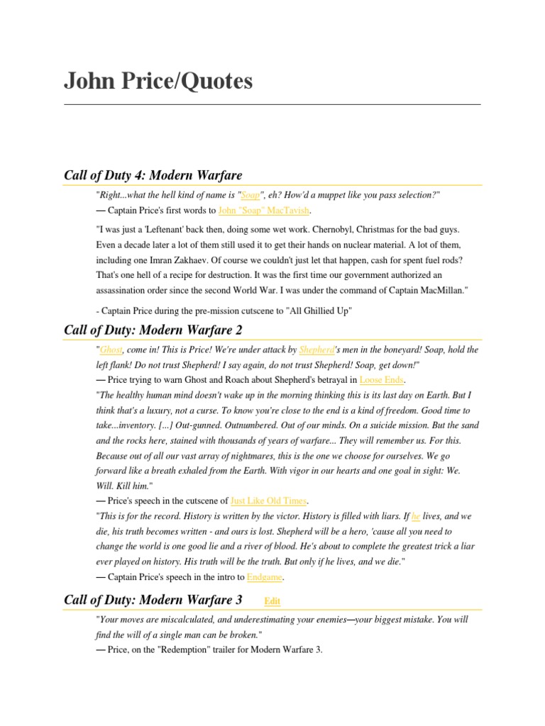 John Price/Quotes: Call of Duty 4: Modern Warfare | PDF | Leisure ...