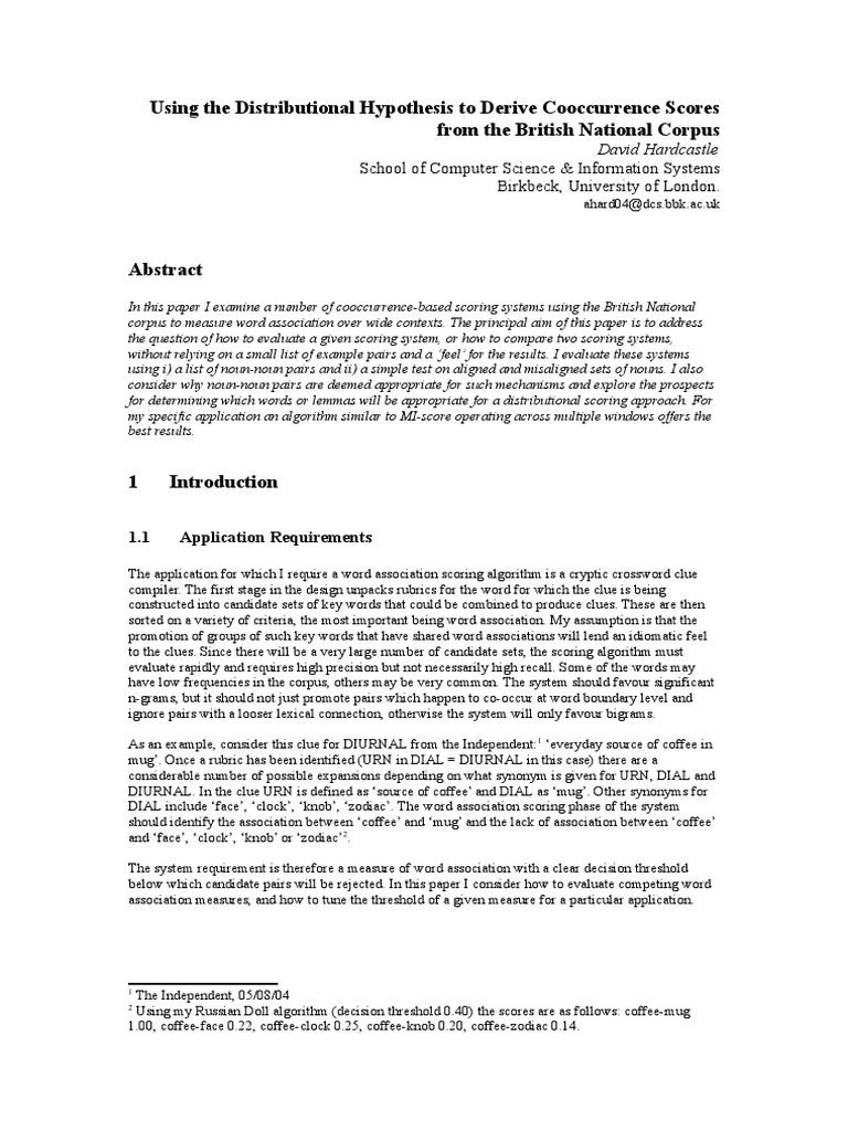 Using The Distributional Hypothesis To Derive Cooccurrence Scores From The British National ...
