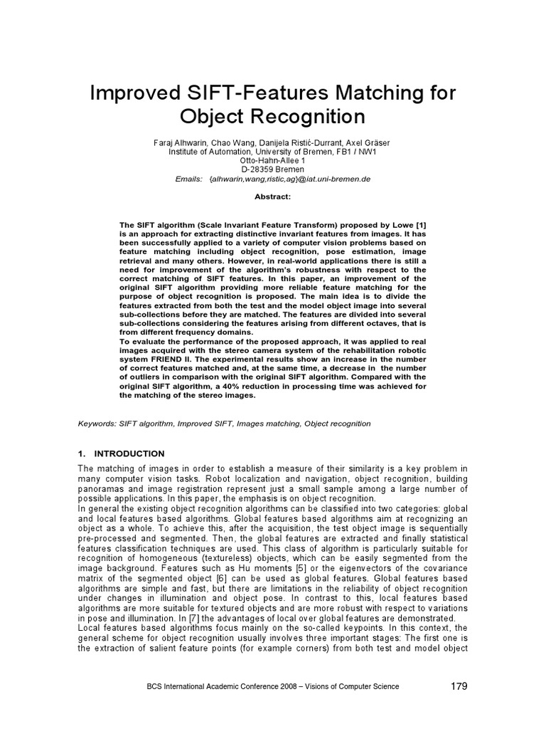 Improved SIFT-Features Matching For Object Recognition: Emails: (Alhwarin, Wang, Ristic, Ag ...