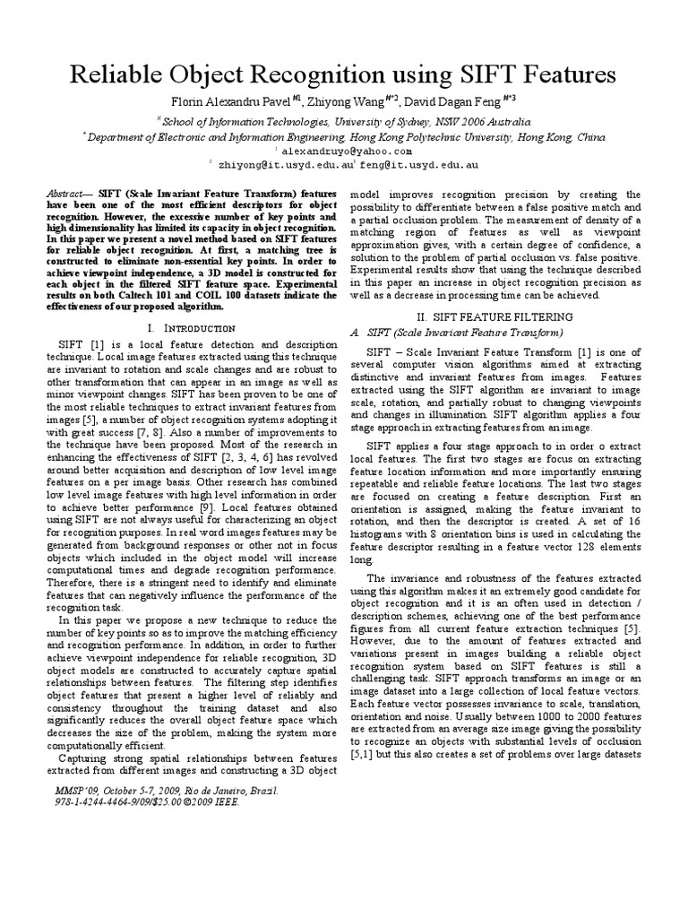Reliable Object Recognition Using SIFT Features: Florin Alexandru Pavel, Zhiyong Wang, David ...