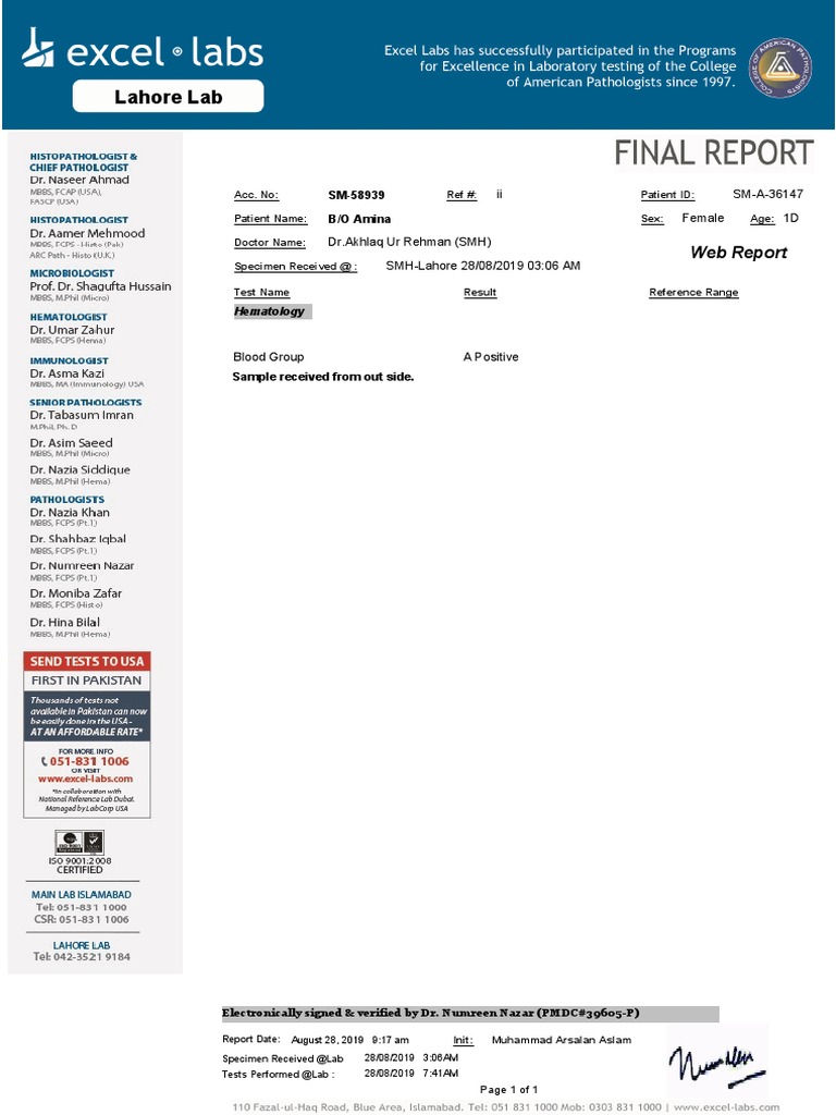 Lahore Lab: Web Report | PDF | Clinical Medicine | Hematology